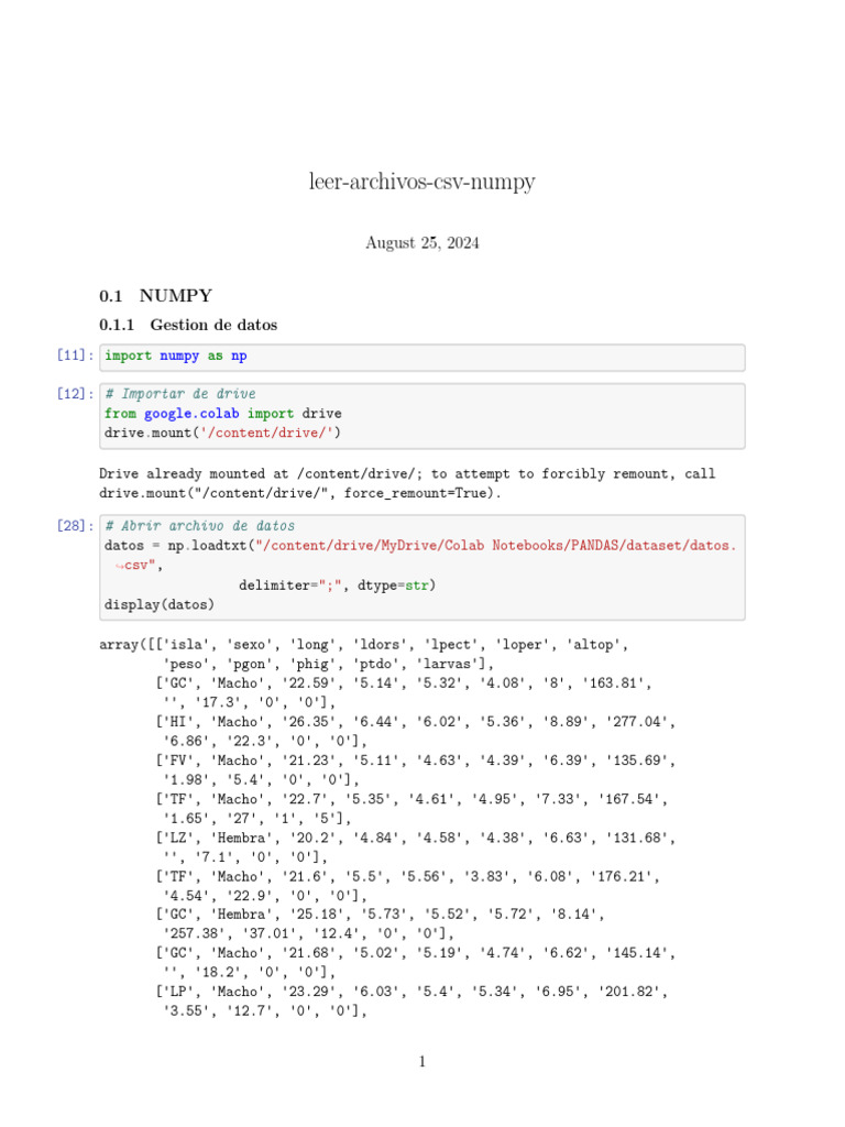 Leer Archivos CSV Numpy | PDF | Métodos y materiales de enseñanza