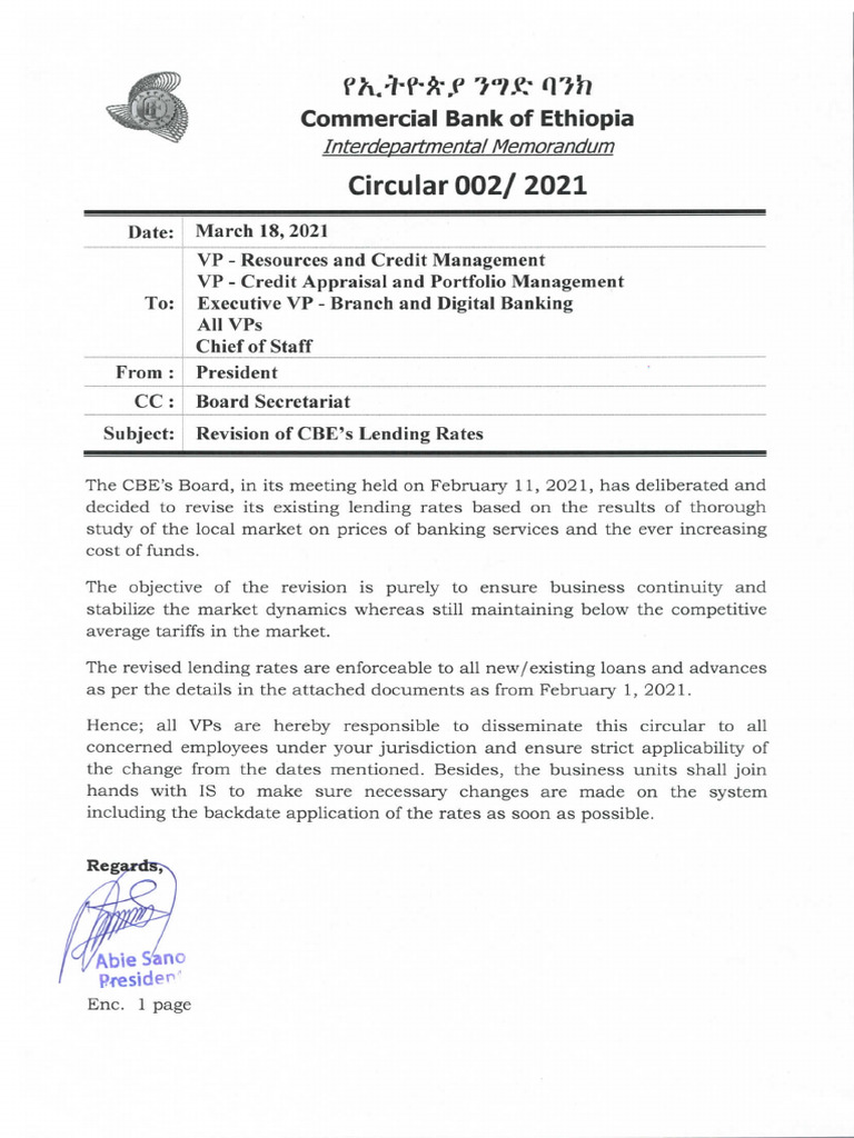 Circular No 002 On Revised CBE Lending Rates Chart-1 | PDF