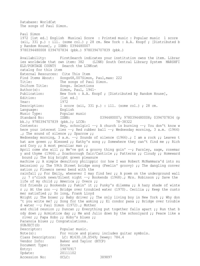 The Songs of Paul Simon: Musical Score | PDF | Lead Sheet | Sheet Music