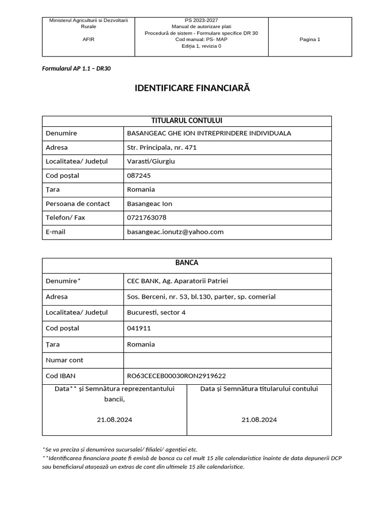 Anexa AP 1 - 1 - Identificare Financiara | PDF
