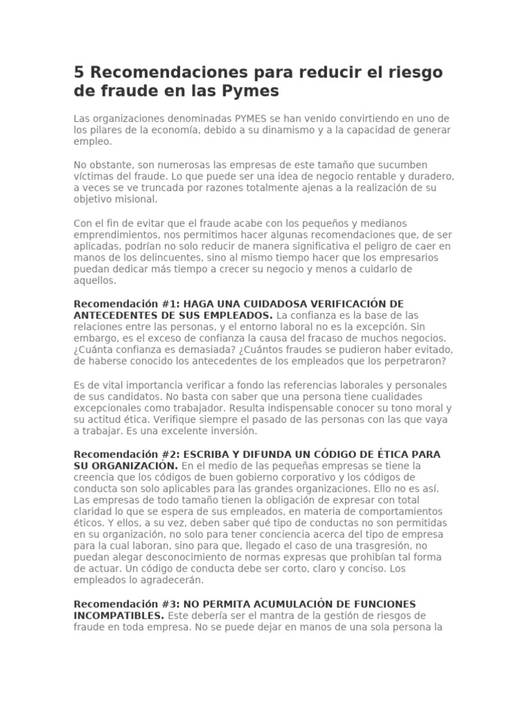 5 Recomendaciones para Reducir El Riesgo de Fraude en Las Pymes | PDF