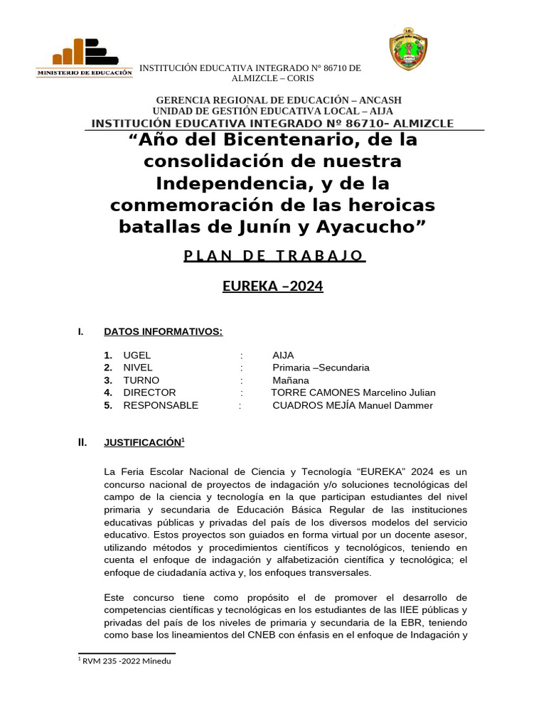 Plan Trabajo Eureka 2024 | PDF