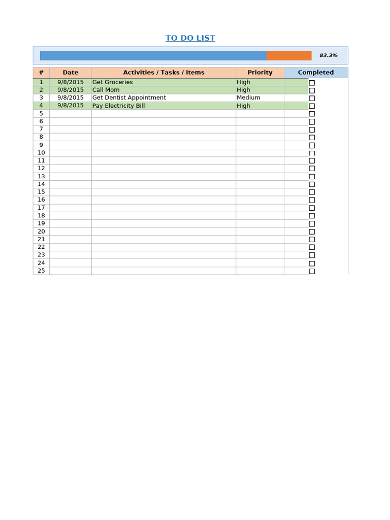 Excel To Do List Template Checklist v1 | PDF