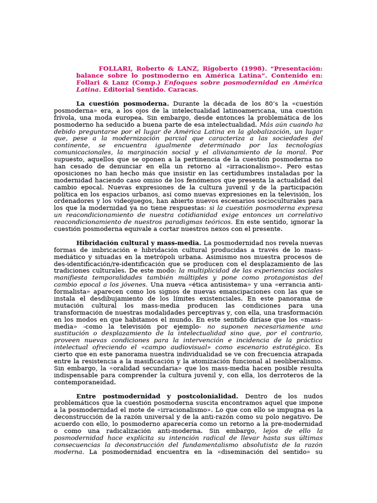 AL. Postmodernidad. Follari & Lanz | PDF