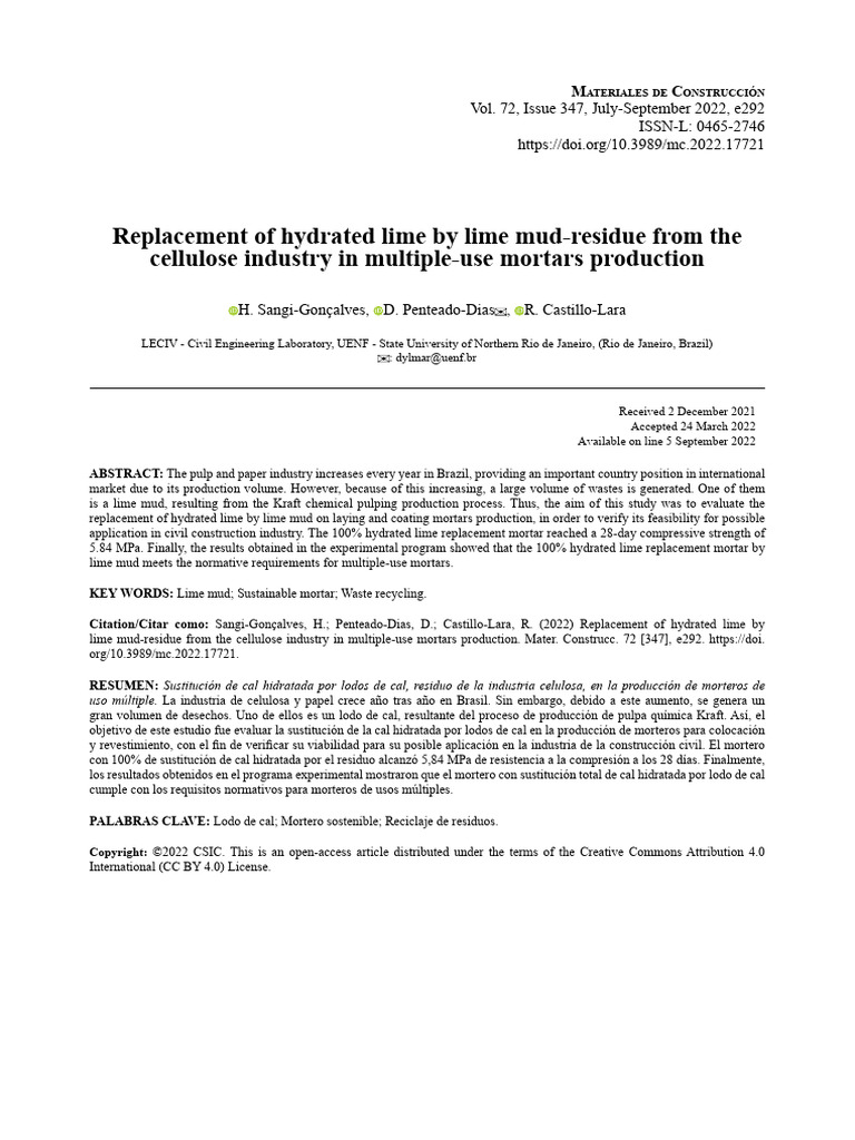 2022 Replacement of Hydrated Lime by Lime Mud-Residue From The ... 2022 Replacement of Hydrated Lime by Lime Mud-Residue From The ...