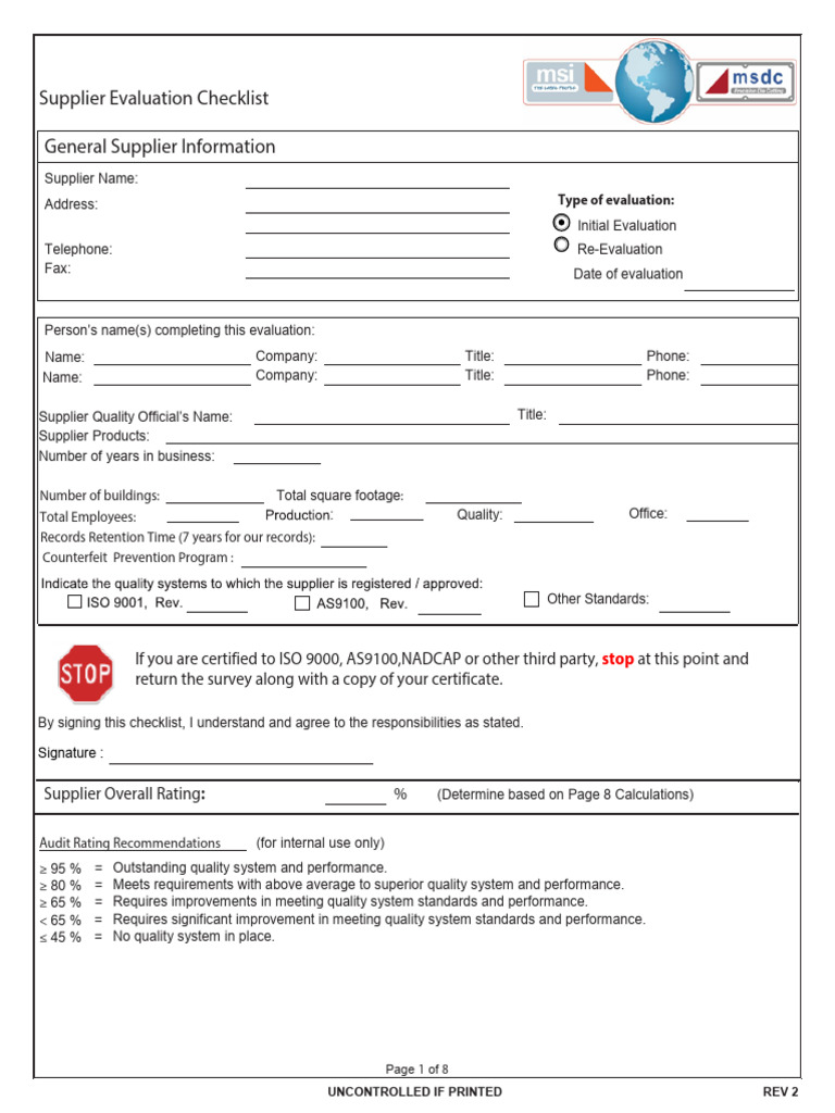 MSI MSD - Supplier Evaluation Form | PDF