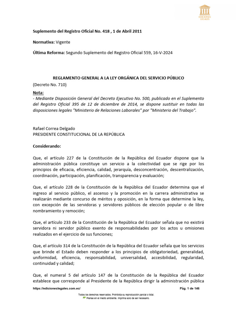 Reglamento General A La Ley Orgã Nica Del | PDF