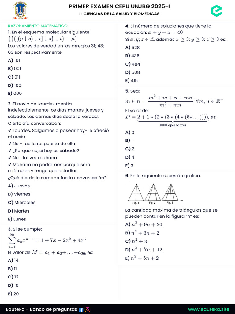 Primer Examen Cepu Unjbg 2025-I Eduteka 1718142538057 | PDF