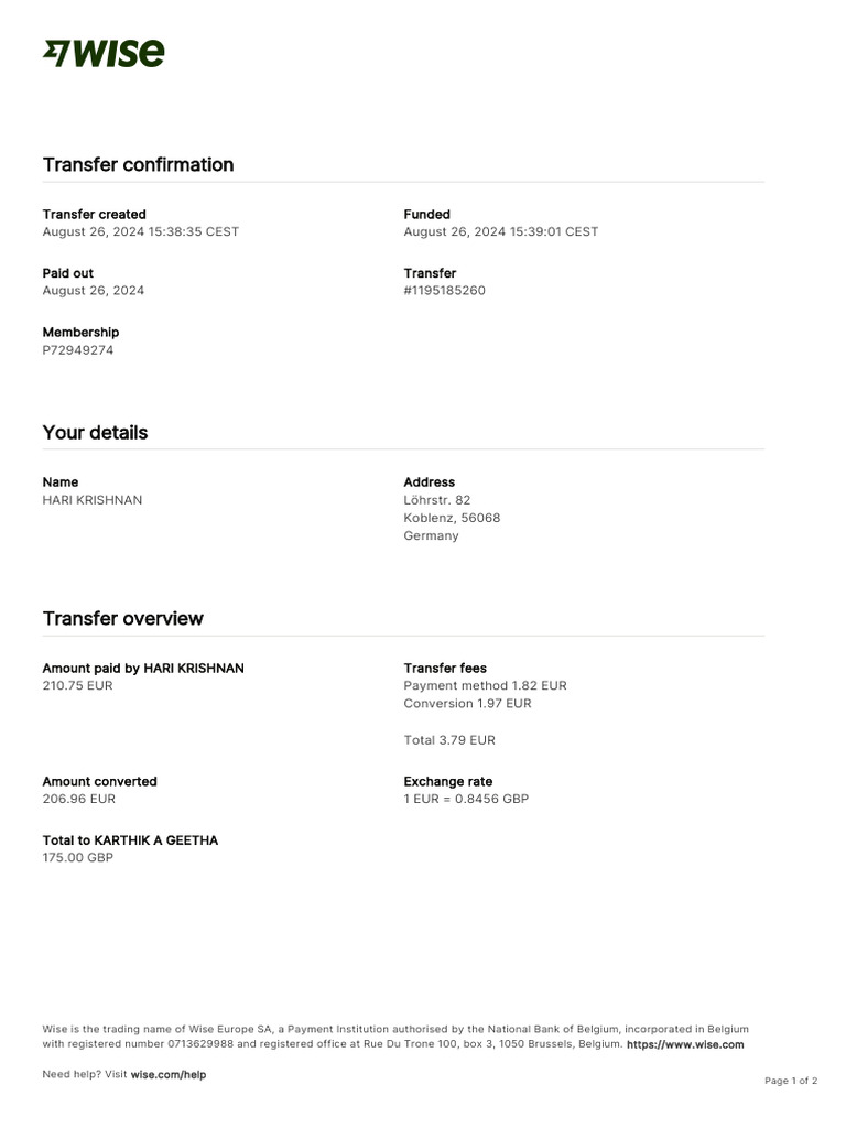 Wise Transaction Invoice Transfer 1195185260 3766138925 en | PDF