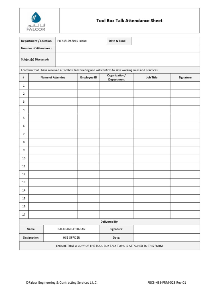 Tool Box Talk Attendance Sheet: Department / Location Date & Time: Number of Attendees: Subject ...