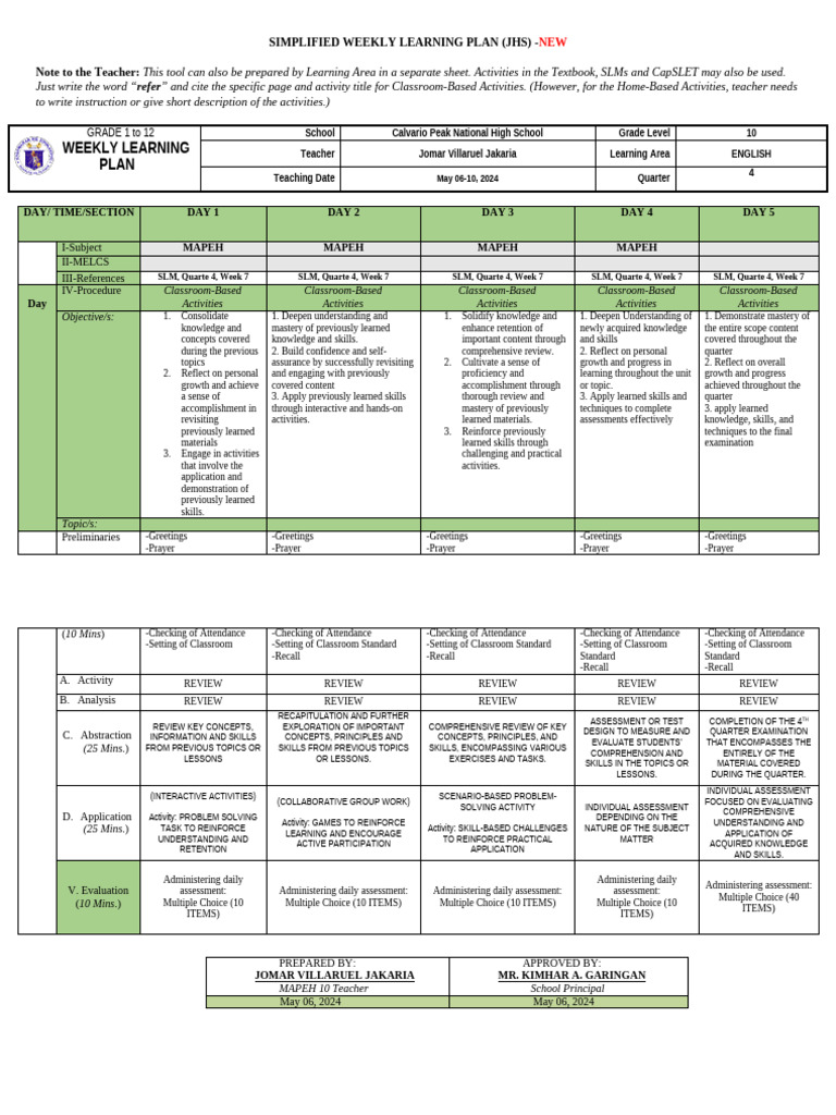 SIMPLIFIED WEEKLY LEARNING PLAN | PDF