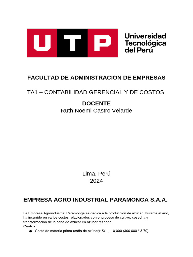 Facultad de Administración de Empresas: Ta1 - Contabilidad Gerencial Y ...