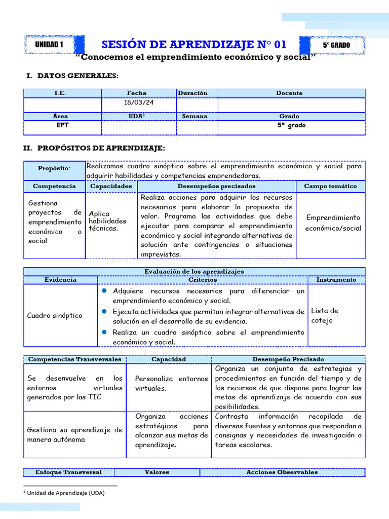 Sesión 1 - Conocemos El Emprendimiento Economico y Social - Ept-5to | PDF
