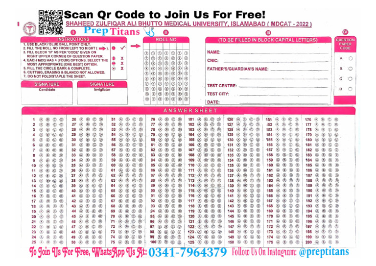 SZABMU (Ultra HD) MDCAT Bubble Sheet | PDF