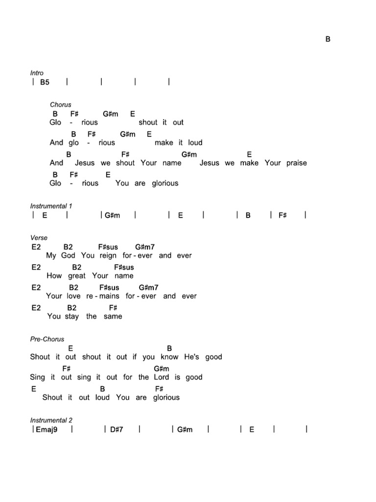 Glorious - SongSelect Chart in B | PDF