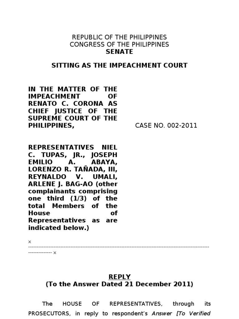 House Prosecution's Reply To SC Chief Justice Renato Corona's Plea | PDF | Impeachment | Supreme ...