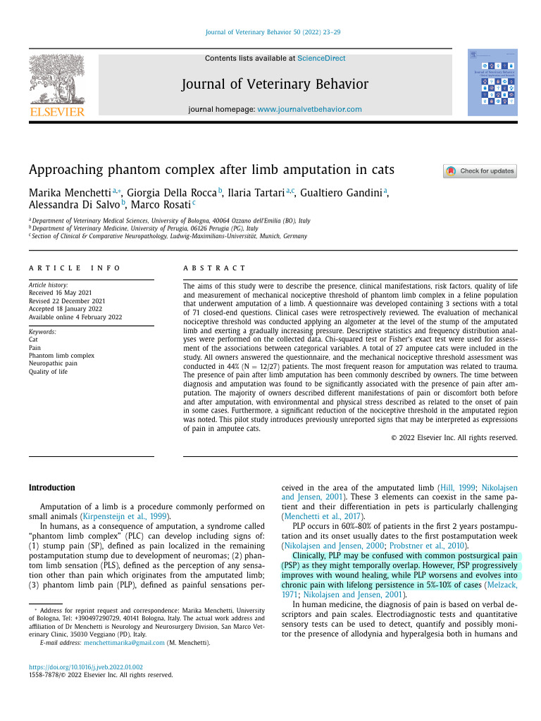 Approaching Phantom Complex After Limb Amputation in Cats | PDF