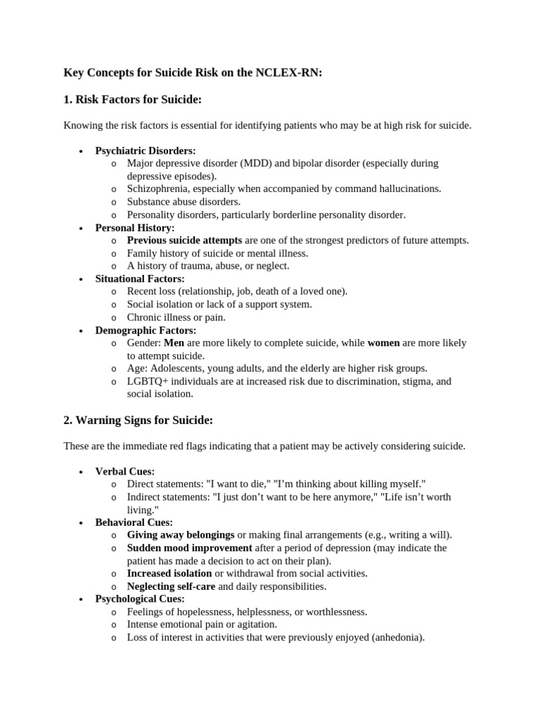 Key Concepts For Suicide Risk On The NCLEX | PDF