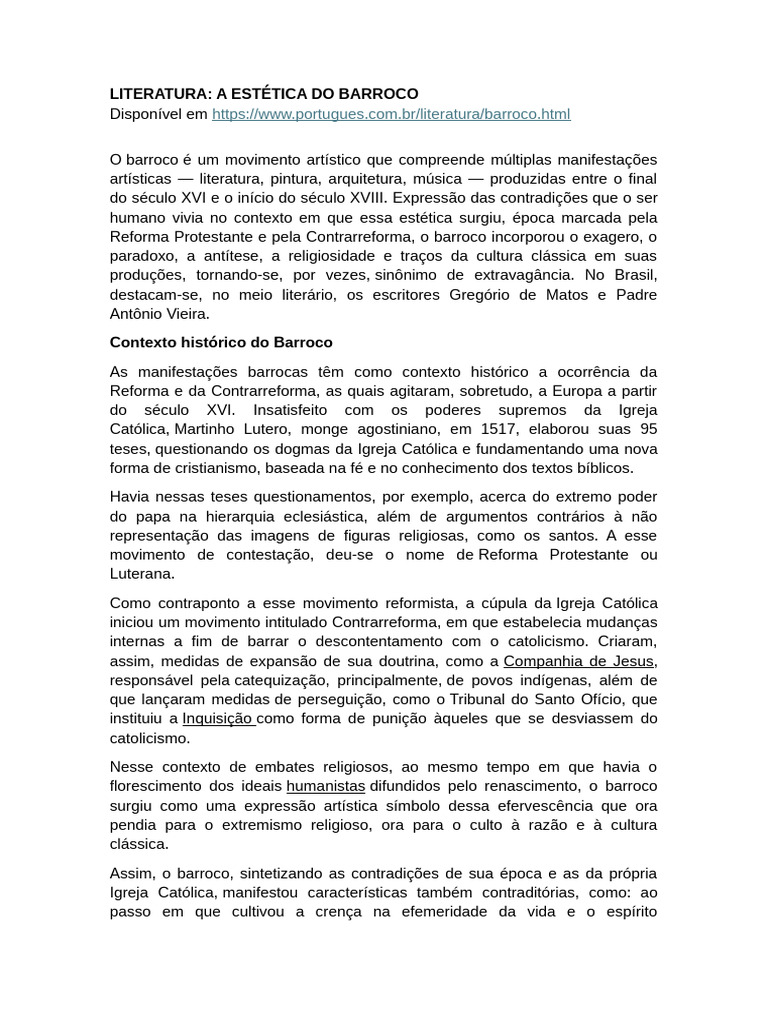 Barroco - Atividade Parcial Literatura - Texto para Resumo | PDF