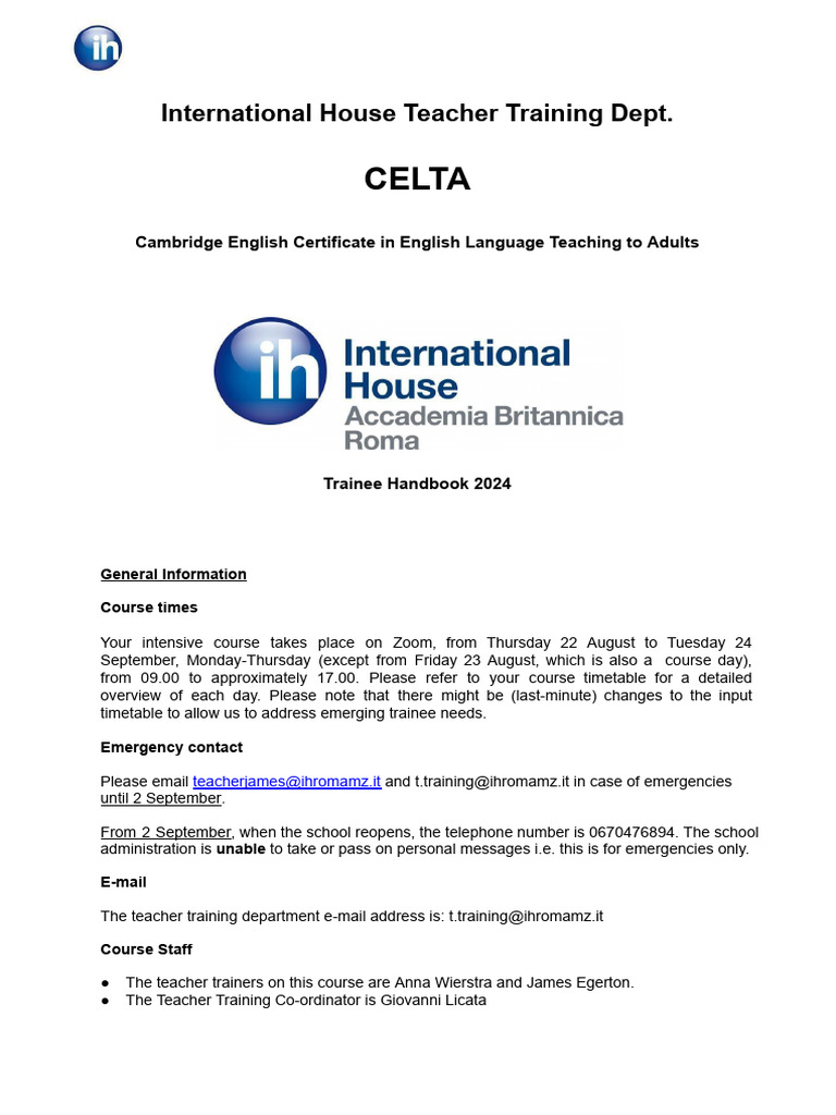 CELTA Trainee Handbook August_September 2024.docx | PDF