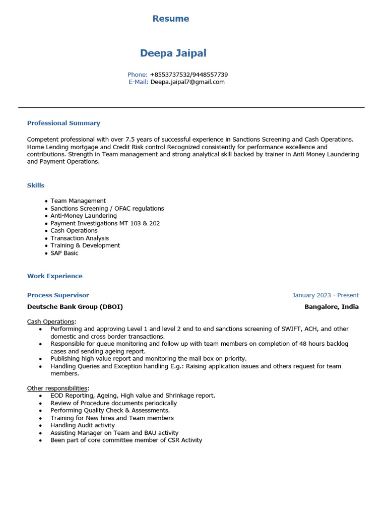 Deepa Jaipal Resume 2024 | PDF | Private Sector | Banking