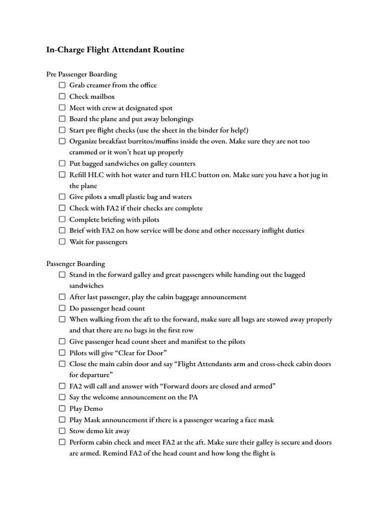 In Charge Flight Attendant Checklist | PDF