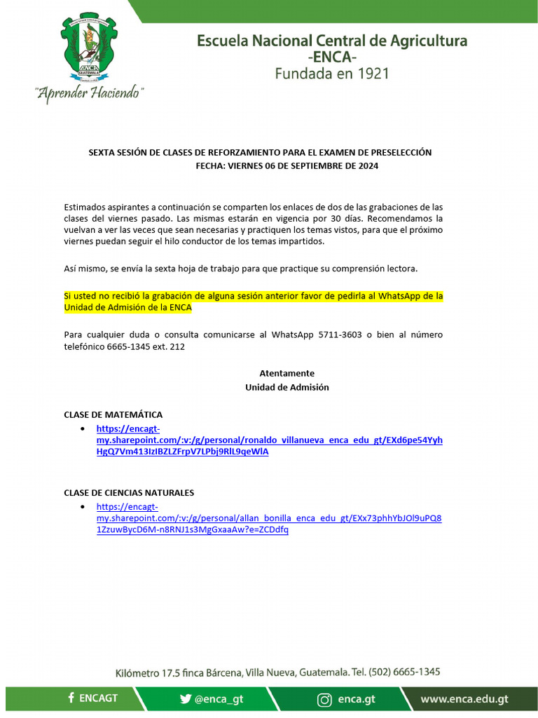 Sexta Sesión de Clases de Reforzamiento - Admisión 2025 | PDF