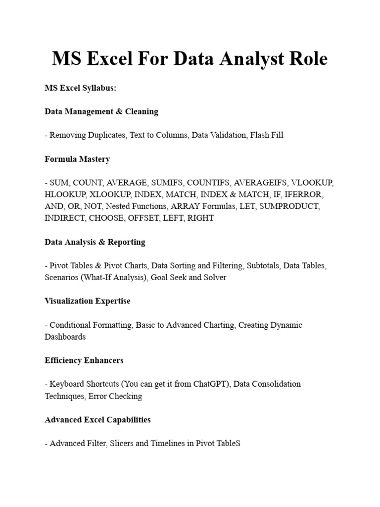 MS Excel For Data Analyst Role | PDF
