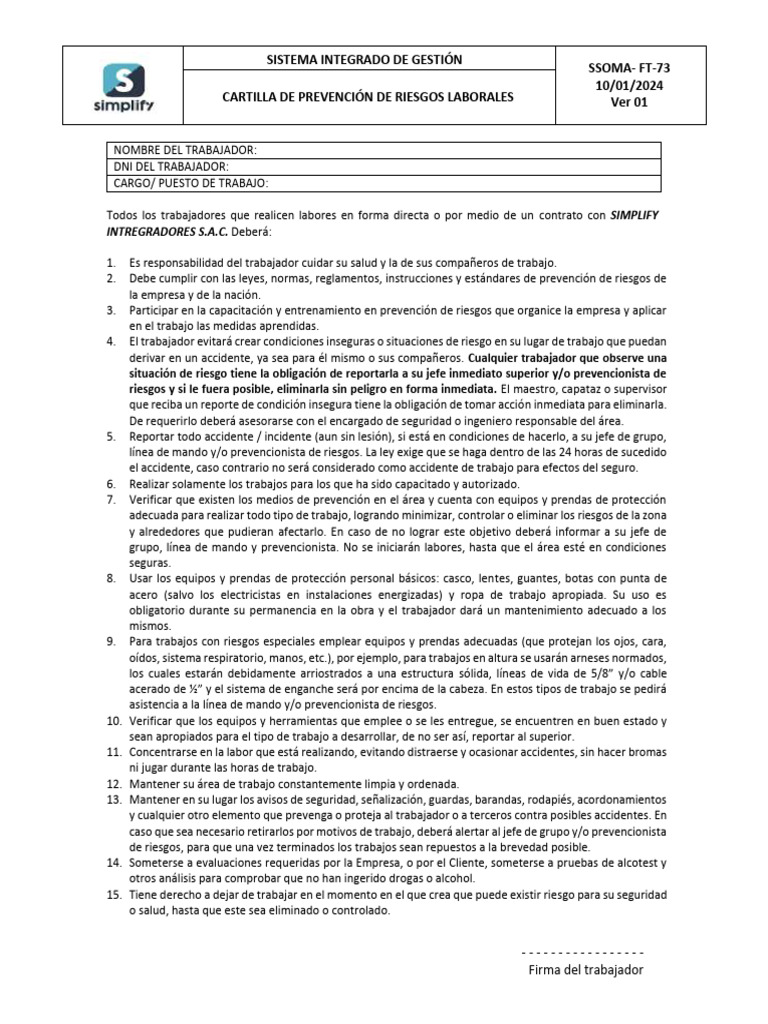 Cartilla de Prevencion de Riesgos Laborales | PDF