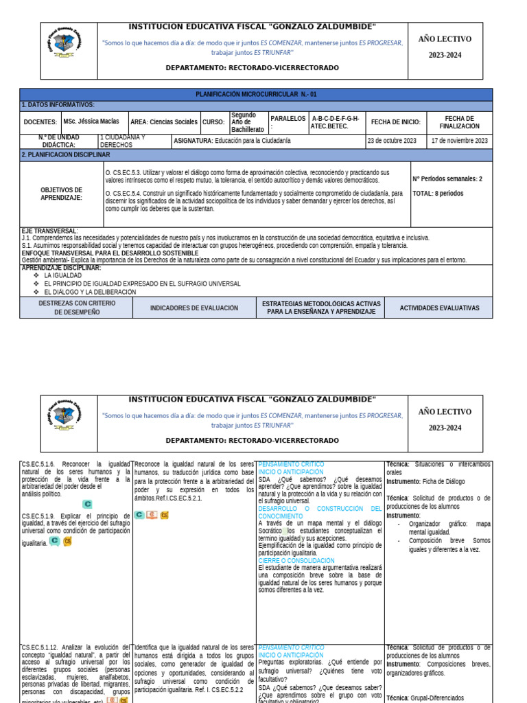 Plan Microcurricular Ciudadania Segundo Bgu 2023 | PDF