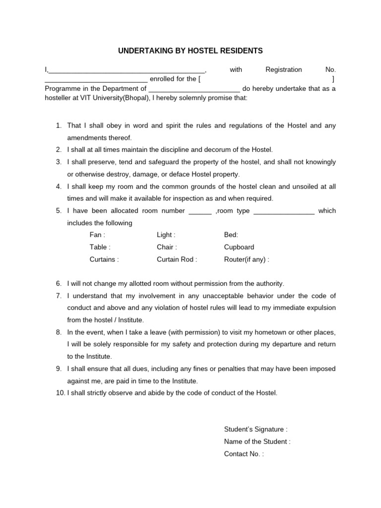 Undertaking by Hostel Resident During Allotment | PDF