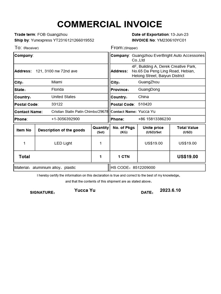 Yun Express Invoice for LED Light Shipment | PDF