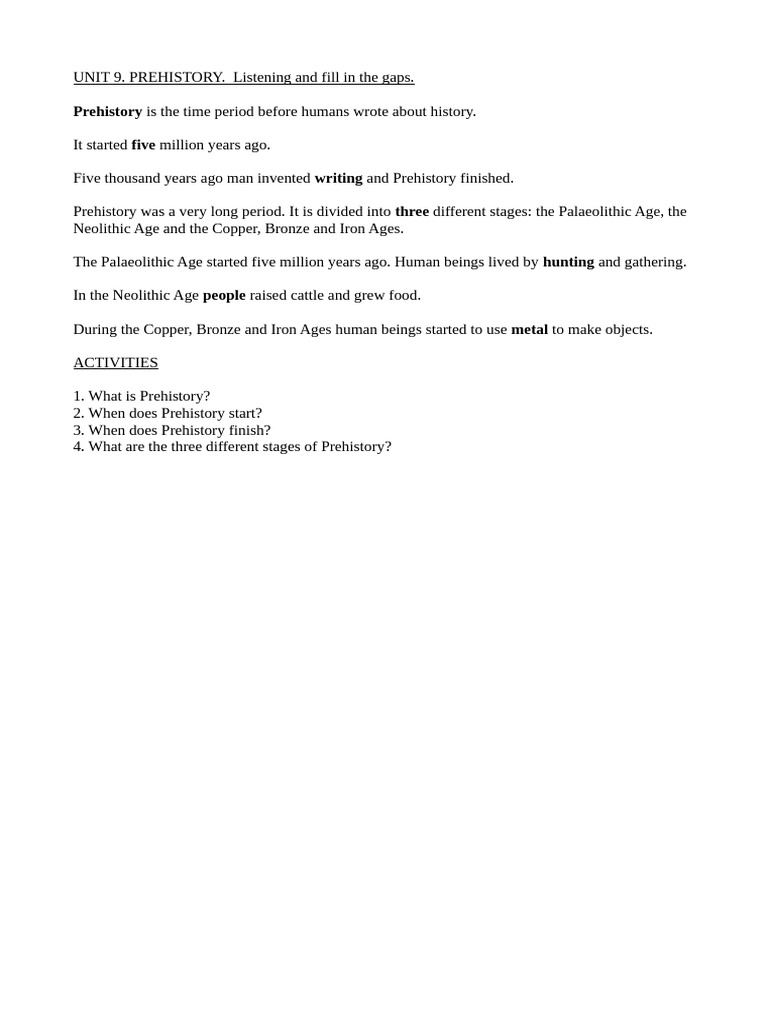 UNIT 9. Prehistory (I) - Teacher. | PDF