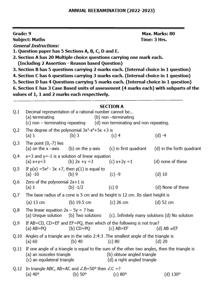 Class 9 Maths Sample Paper 2022-23 | PDF | Circle | Triangle