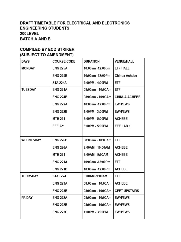 Draft Timetable For Electrical and Electronics Engineering Students-1 | PDF