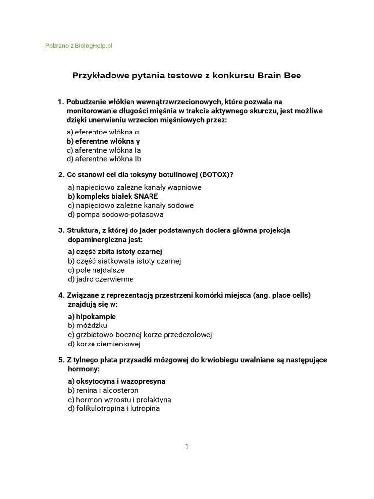Przykladowe Pytania Z Konkursu Brain Bee | PDF