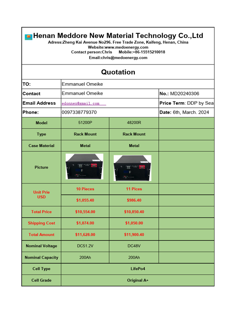 Quotation 200ah Battery A Grade - Meddore | PDF | Electricity ...