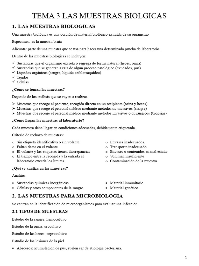 Tema 3 Las Muestras Biologicas | PDF