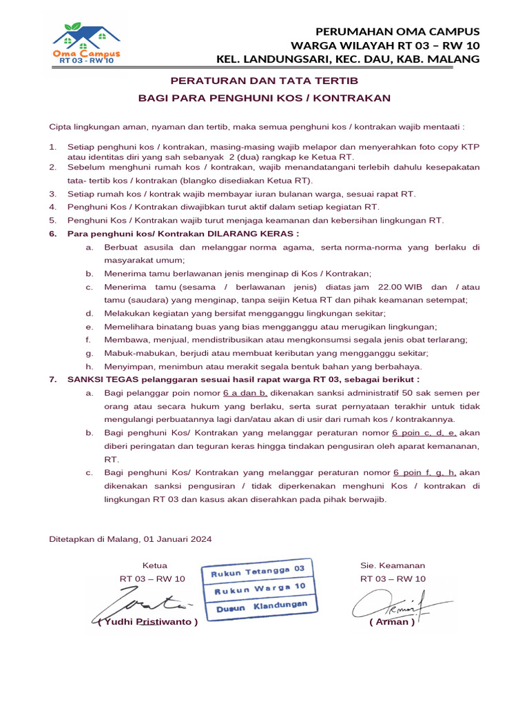 OC Tata Tertib Kontrakan Dan Kos | PDF