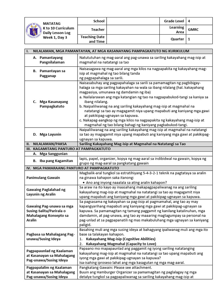 DLL Matatag GMRC - 4 - Q1 - W1 - Day 3 | PDF