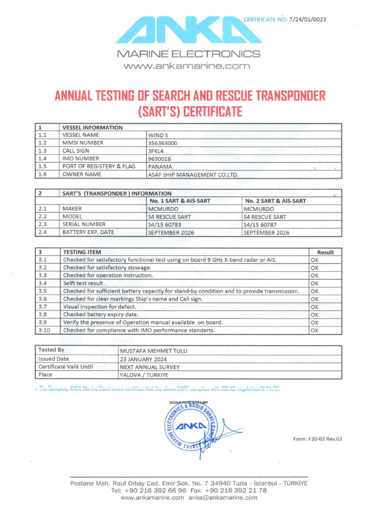 Annual Testing of Search and Rescue Transponder Sart Certificate | PDF