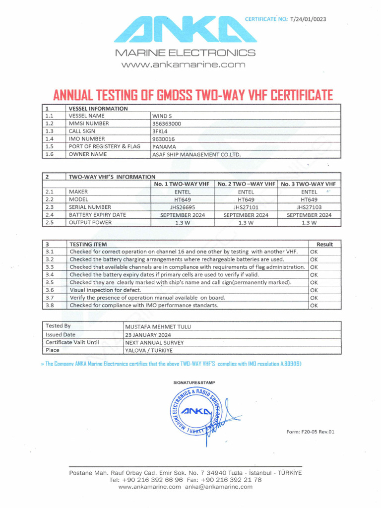 Annual Testing of GMDSS Two Way VHF Certificate | PDF