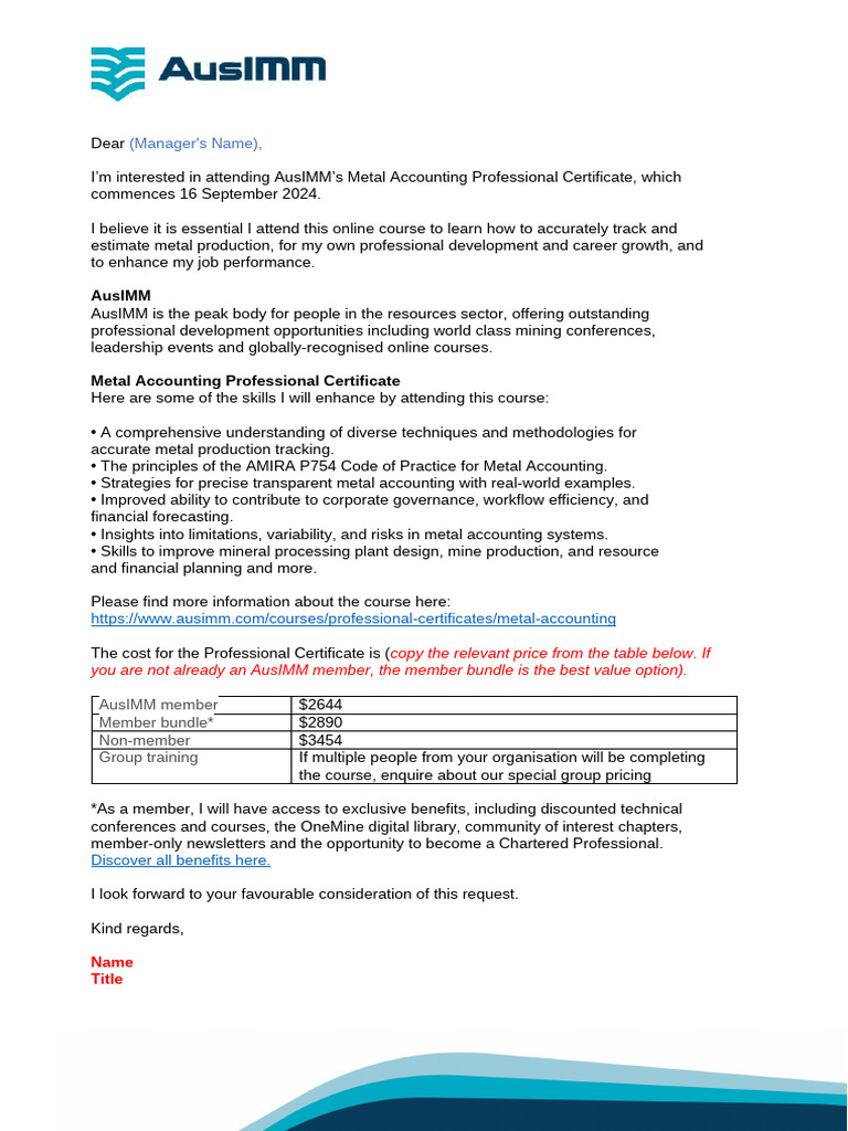 Metal Accounting Course Letter of Support Template | PDF