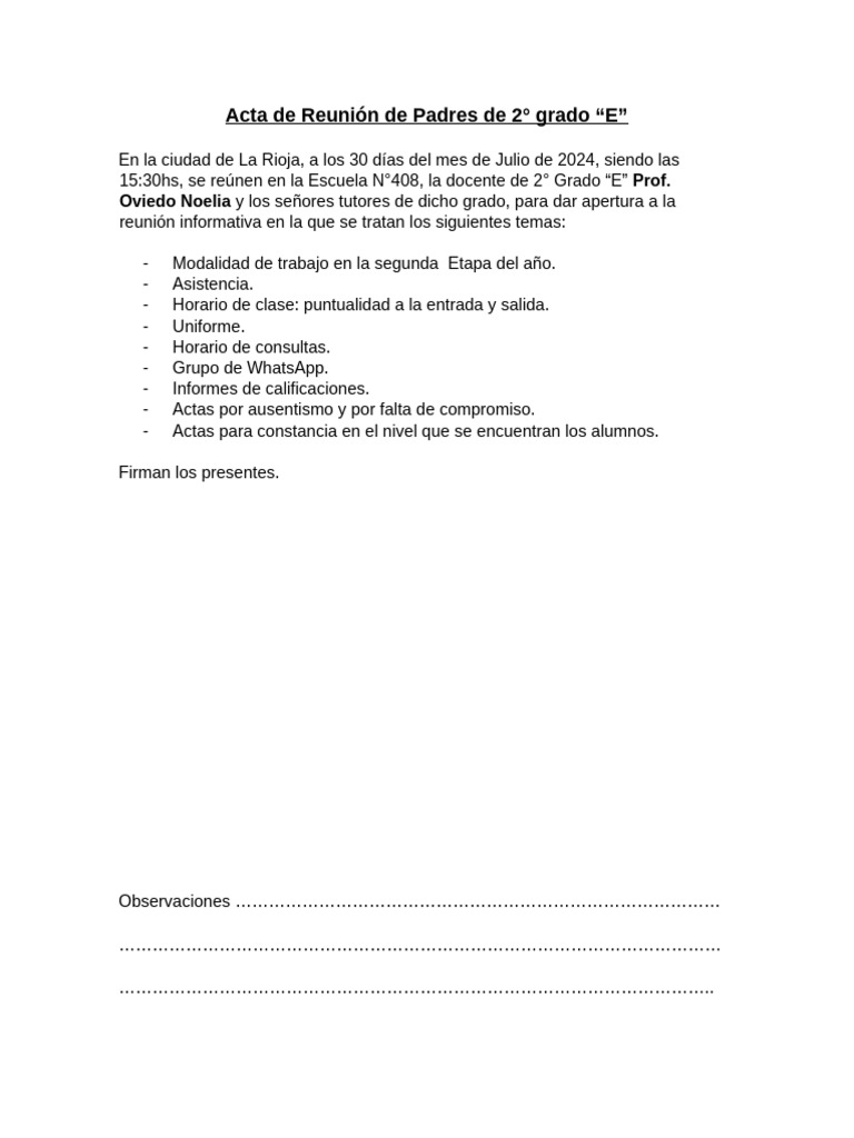 Acta de Reunión de Padres de 1 | PDF