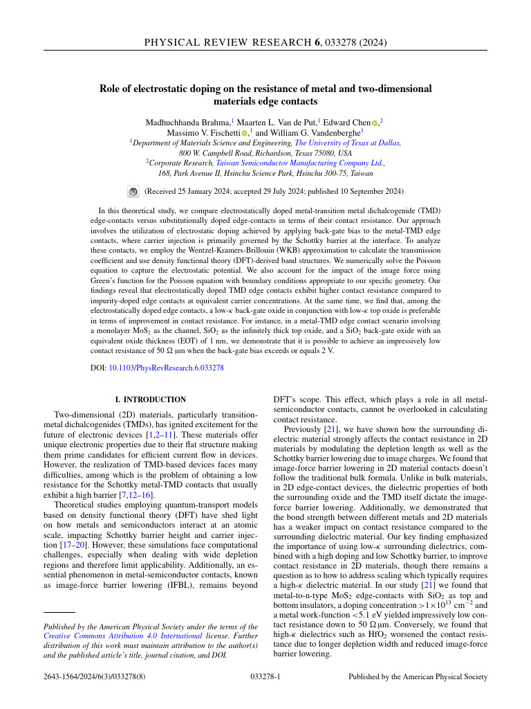 Role of Electrostatic Doping On The Resistance of Metal and 2D Material ...
