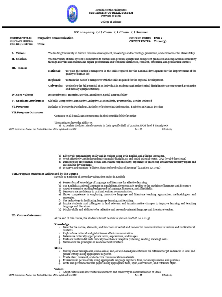 Purposive Communication 2024 Syllabus | PDF