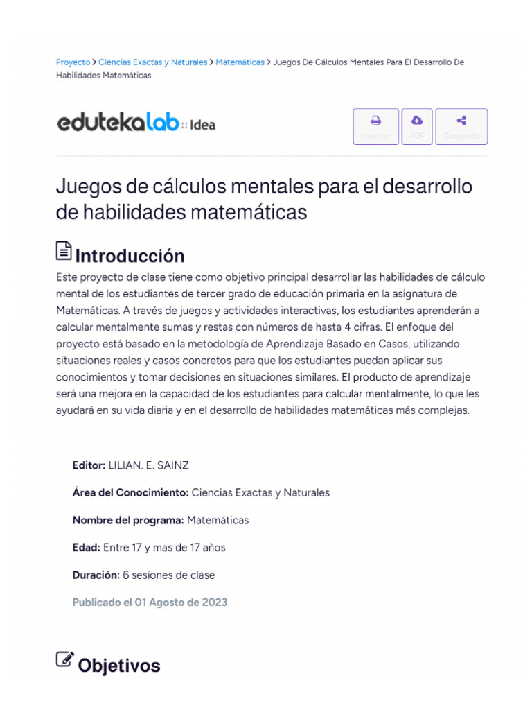 Juegos de Cálculos Mentales para El Desarrollo de Habilidades ...