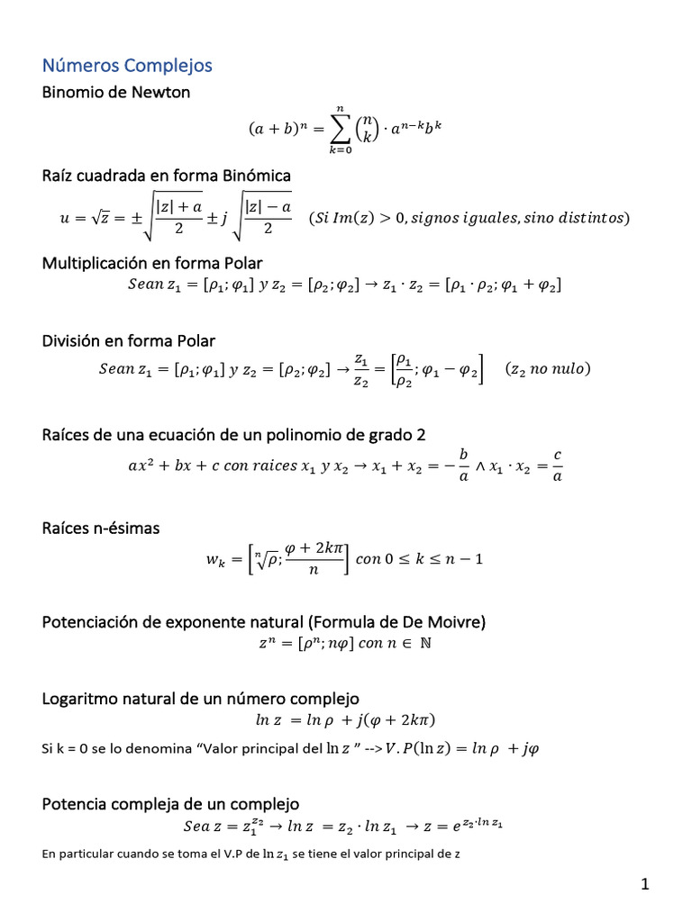 Matemática Superior UTN FRBA - Resumen Fórmulas Primer Parcial | PDF | Número complejo | Logaritmo
