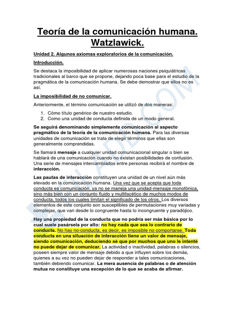 Resumen Teoria de La Comunicacion Humana Watzlawick | PDF