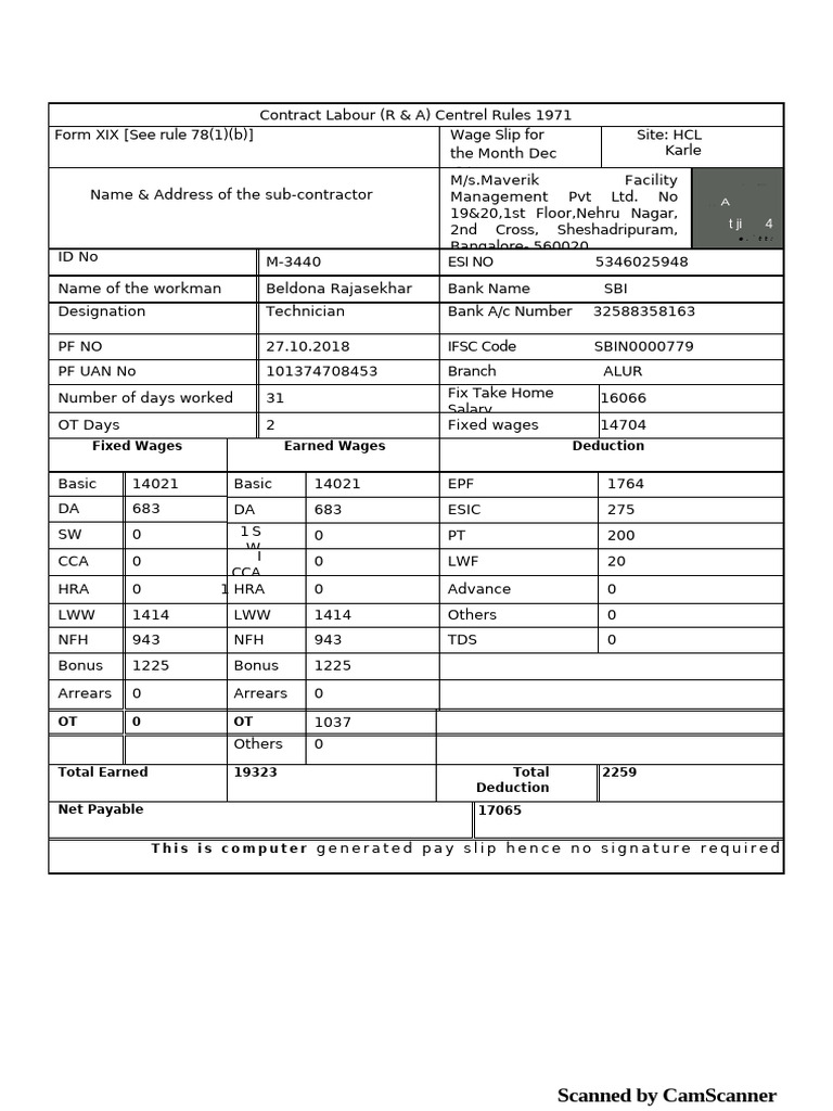 Salary Slip For MFM | PDF